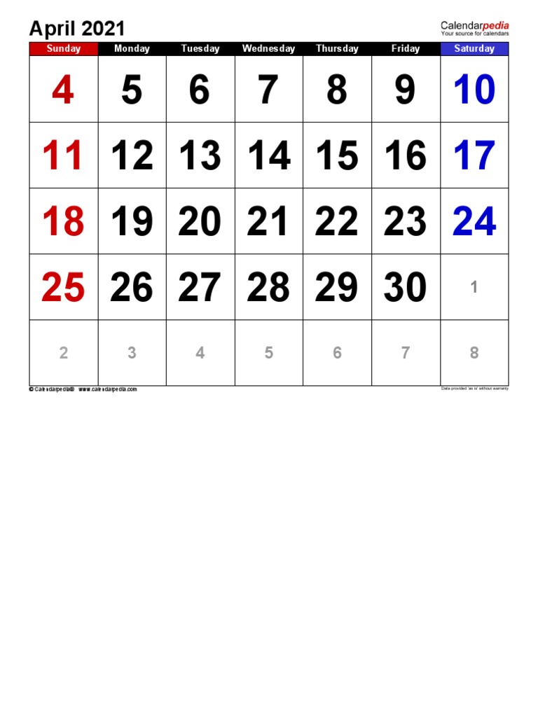 April 2021: Sunday Monday Tuesday Wednesday Thursday Friday Saturday | PDF