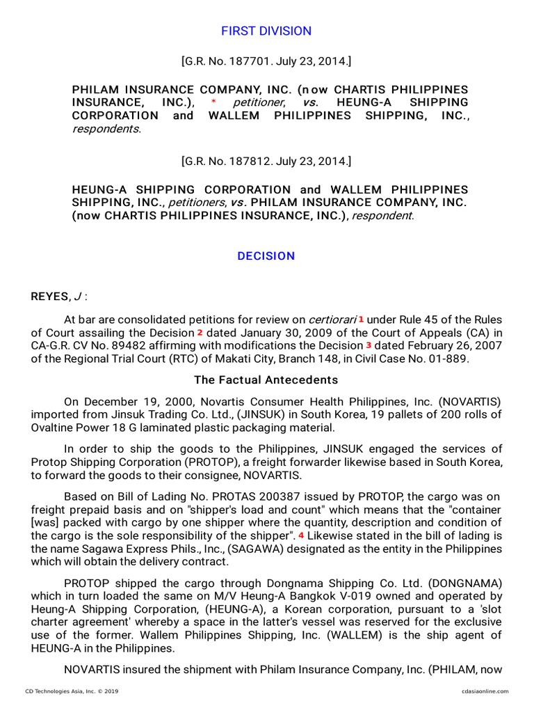 Philam Insurance V Heung-A | PDF | Cargo | Bill Of Lading