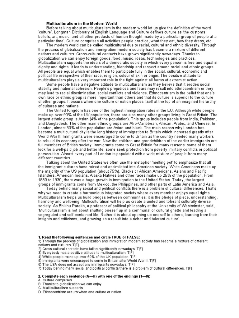 Multiculturalism in The Modern World | PDF | Multiculturalism | Immigration