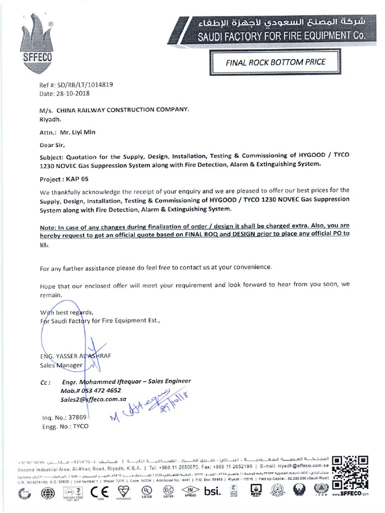 China Railway Const Company - KAP5 Project - TYCO Novec System | PDF