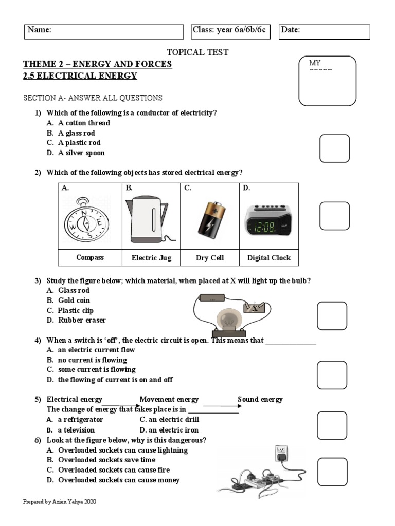 Year 6 Electricity Test Worksheet | PDF | Electrical Conductor ...
