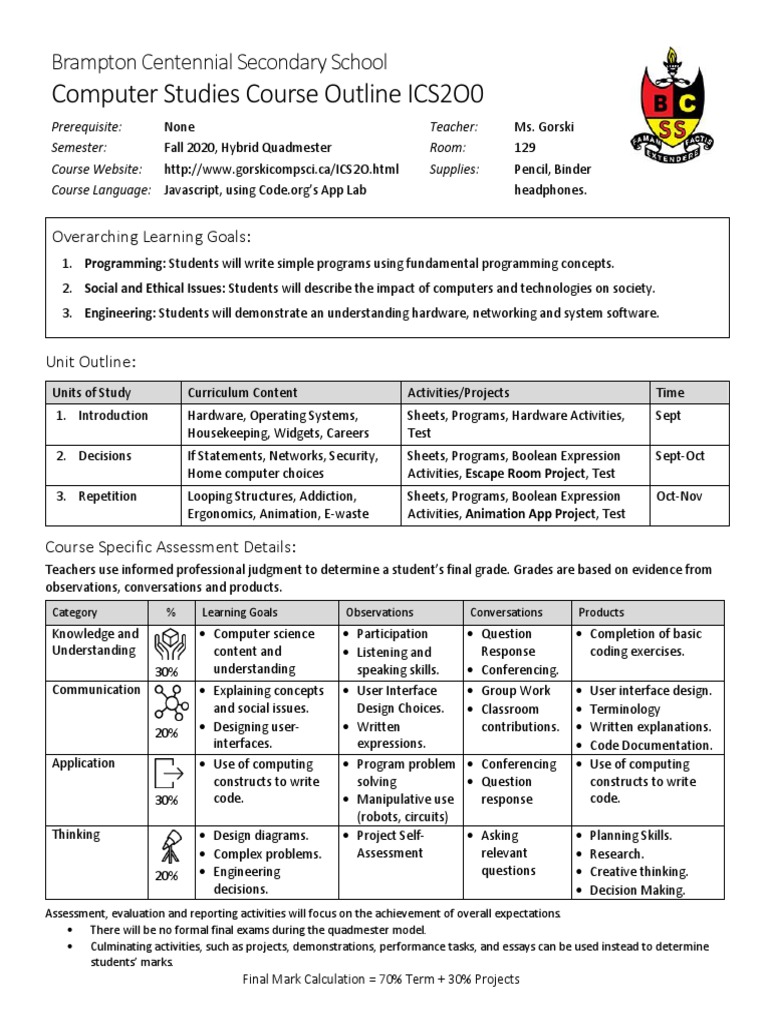 Computer Studies Course Outline ICS2O0: Brampton Centennial Secondary ...