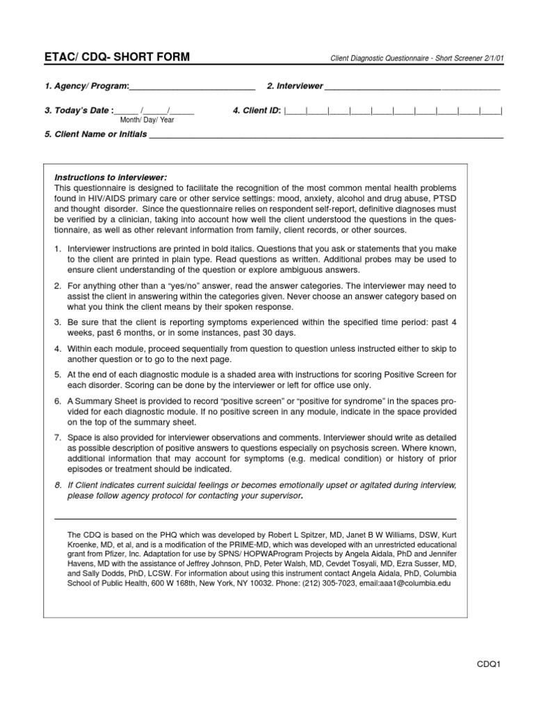 CDQ Short Form | PDF | Mental Disorder | Substance Abuse