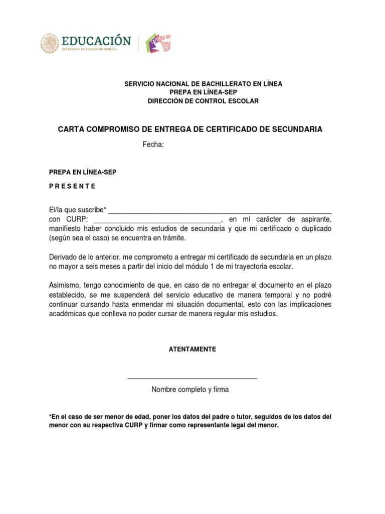 Carta Compromiso Prepa en Linea SEP | PDF