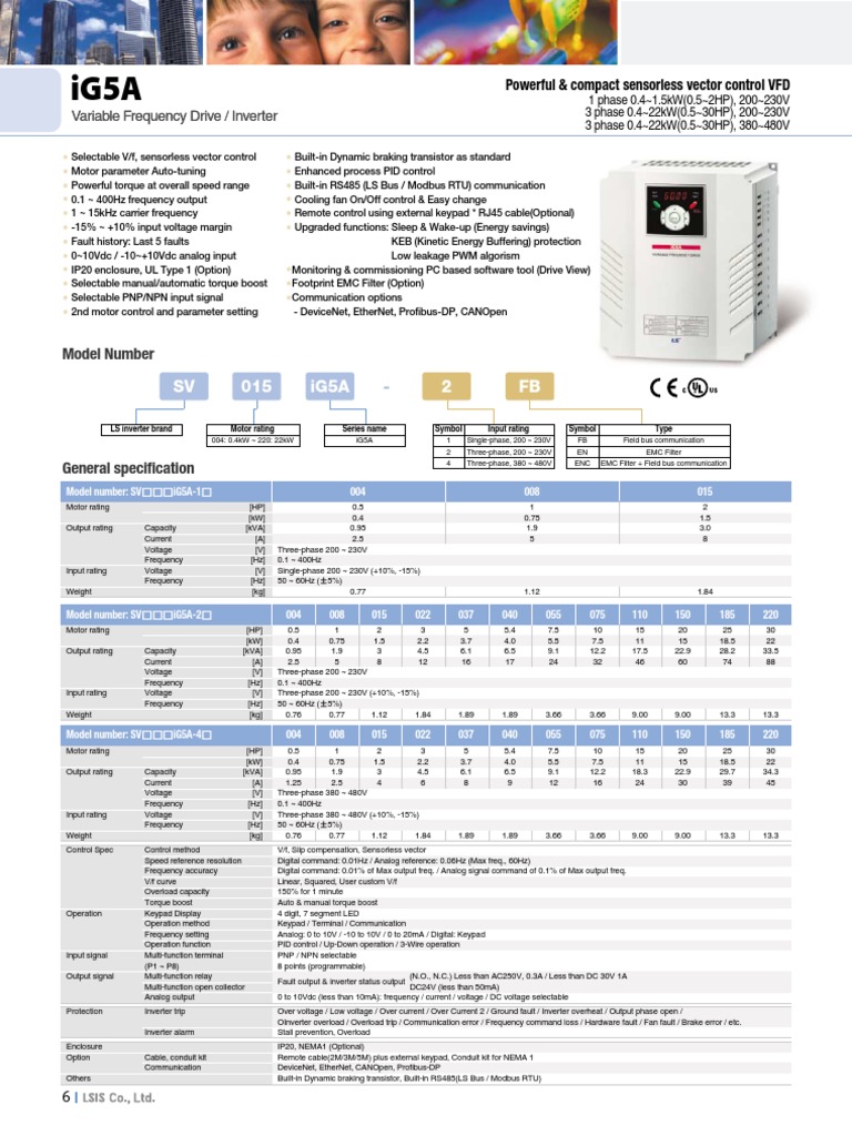 Specification Sheet for the iG5A Series Sensorless Vector Control Variable Frequency Drive | PDF ...