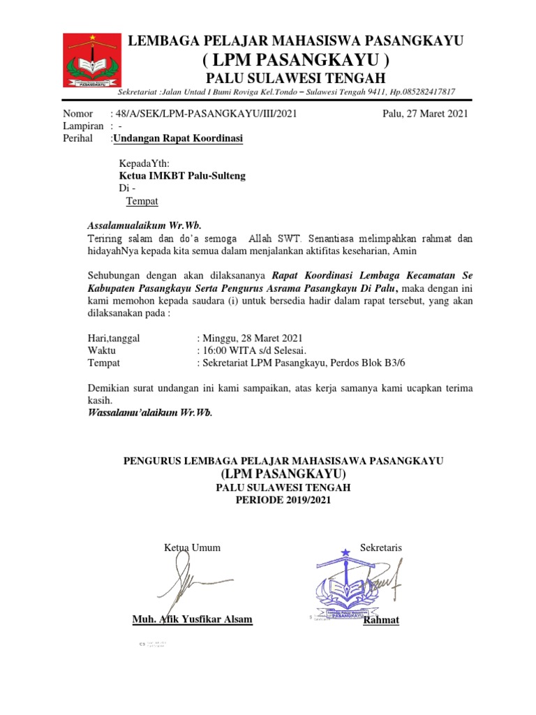 Undangan Rapat Koordinasi LPM Pasangkayu | PDF