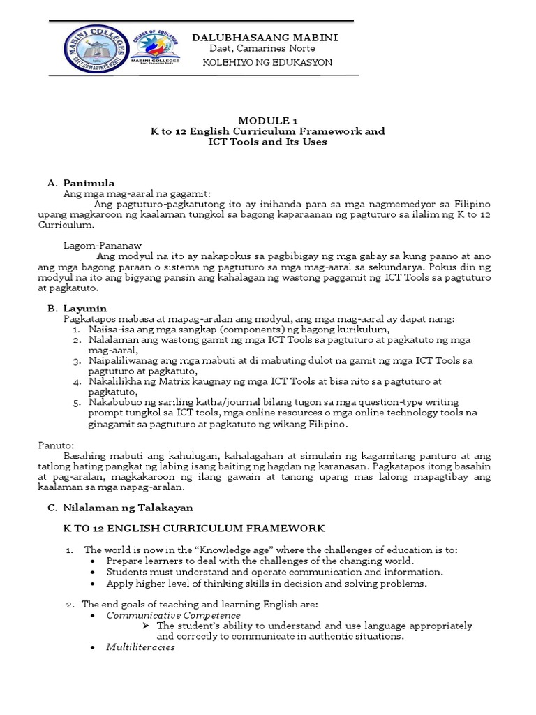 Modyul 1-K To 12 English Curriculum Framework and ICT Tools and Its ...