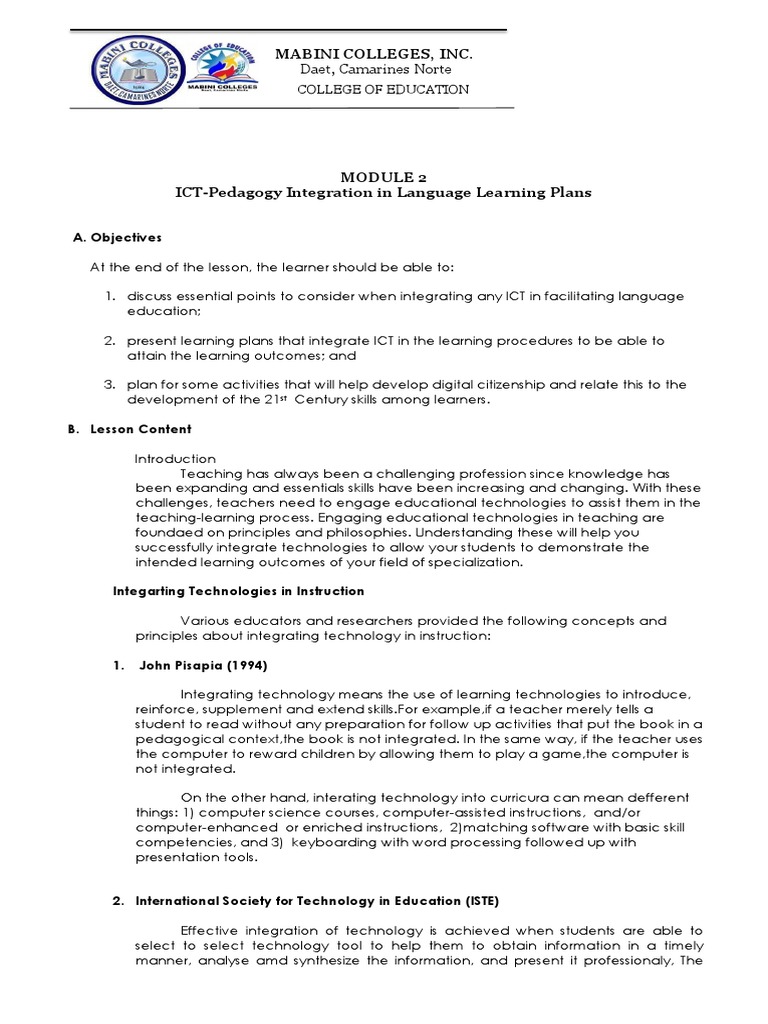 Modyul 2 - ICT-Pedagogy Integration in Language Learning Plans | PDF ...