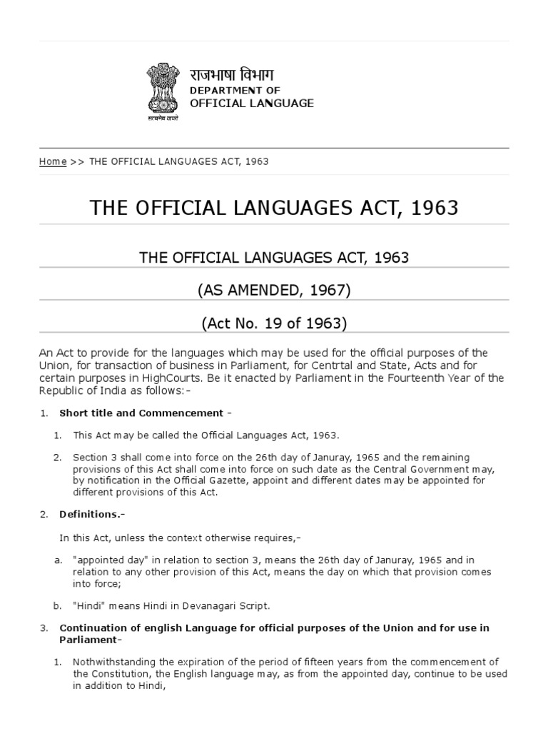 THE OFFICIAL LANGUAGES ACT, 1963 - Department of Official Language - Ministry of Home Affairs ...