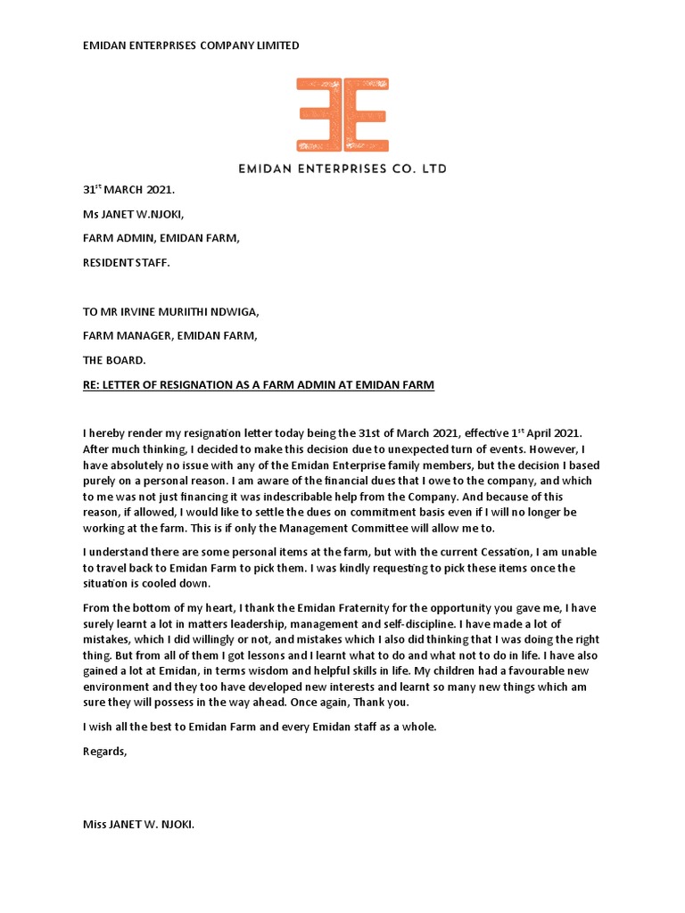 Re: Letter of Resignation As A Farm Admin at Emidan Farm | PDF