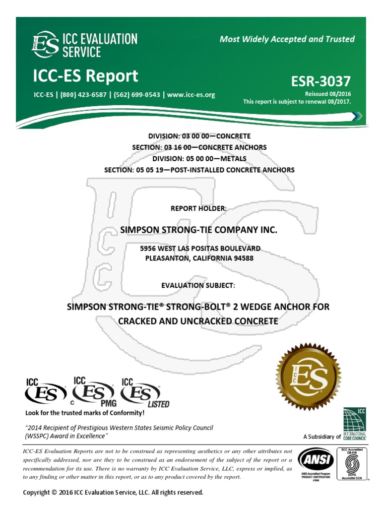 ICC-ES Report: Simpson Strong-Tie Company Inc | PDF | Strength Of Materials | Concrete