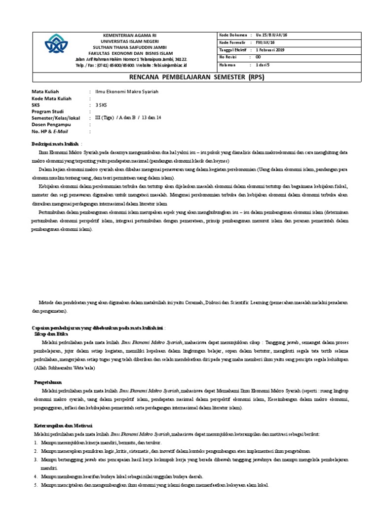 RPS Ekonomi Makro Syariah Es | PDF | Karier & Perkembangan | Sains & Matematika