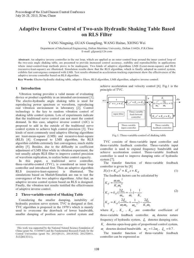 Adaptive Inverse Control of Two-Axis Hydraulic Shaking Table Based On RLS Filter | PDF ...