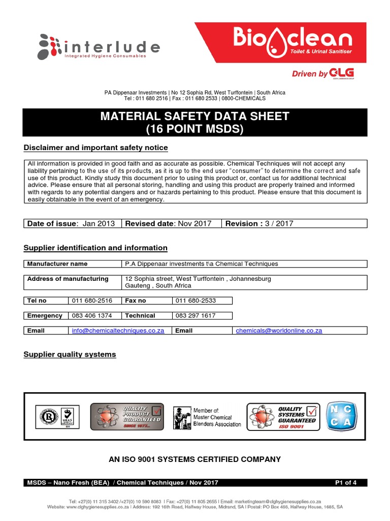 Material Safety Data Sheet (16 Point MSDS) : Disclaimer and Important ...