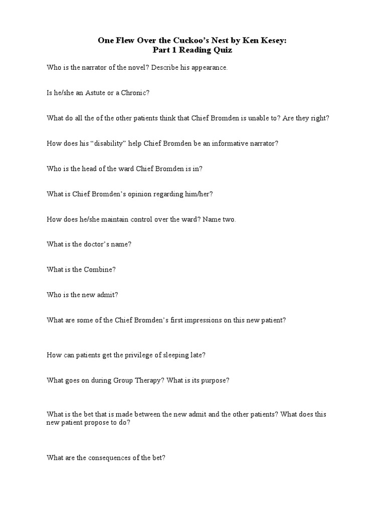 One Flew Over the Cuckoo's Nest Quiz | PDF