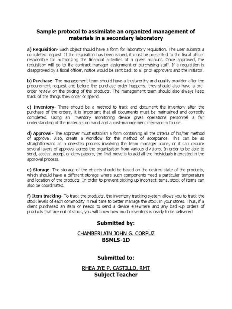 Sample Protocol To Assimilate An Organized Management of Materials in A ...