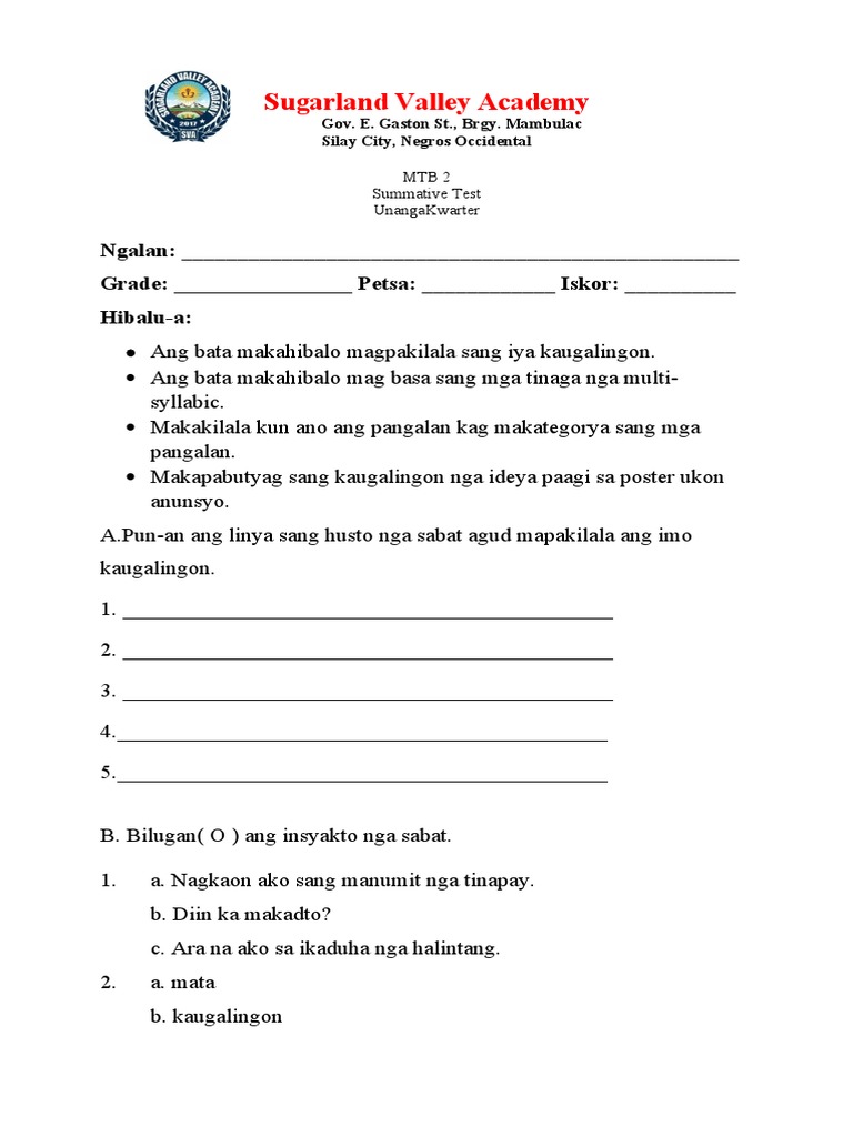 1st Summative Answer Sheets | PDF