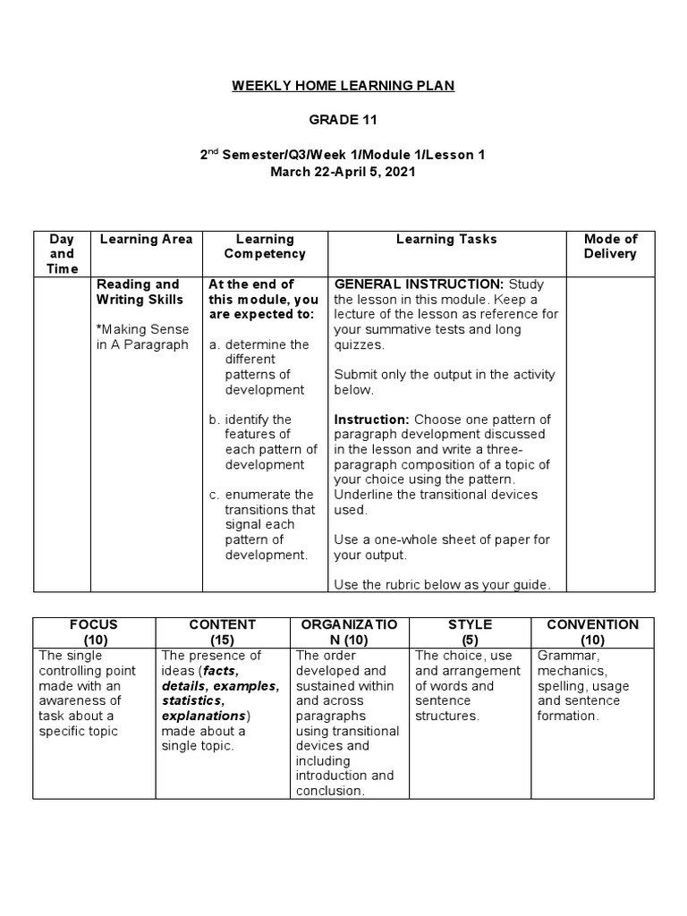 Reading and Writing Weekly Home Learning Plan | PDF | Rubric (Academic ...
