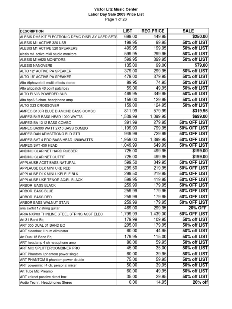 Description: Victor Litz Music Center Labor Day Sale 2009 Price List ...