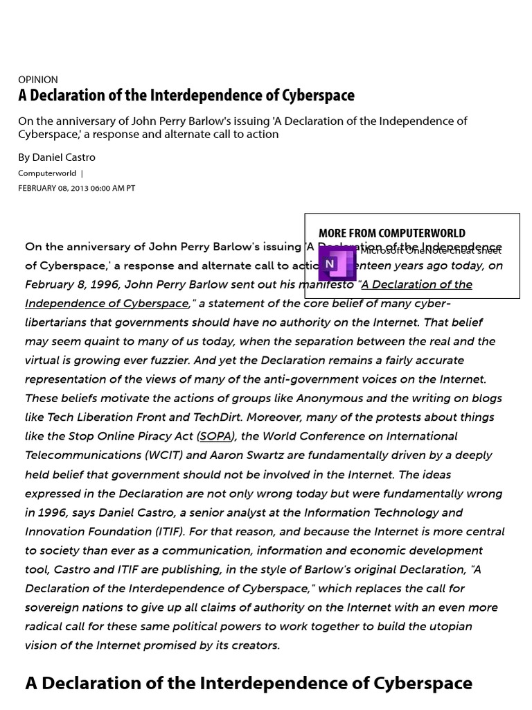 A Declaration of The Interdependence of Cyberspace - Computerworld ...