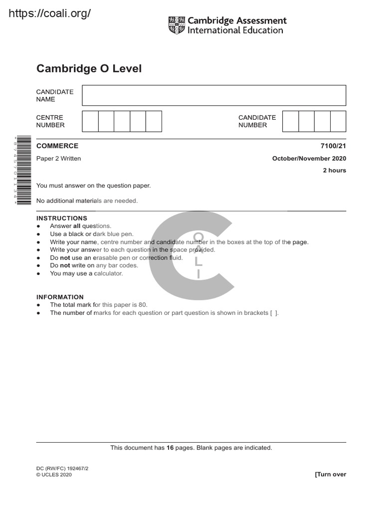 Cambridge O Level: Commerce 7100/21 | PDF | Insurance | Business