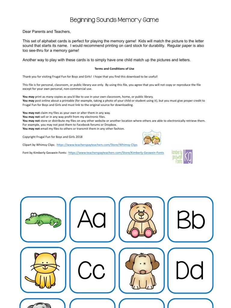 Beginning Sounds Memory Game | PDF