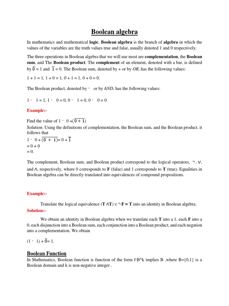 Boolean Algebra: Sum, and The Boolean Product. The Complement of An ...