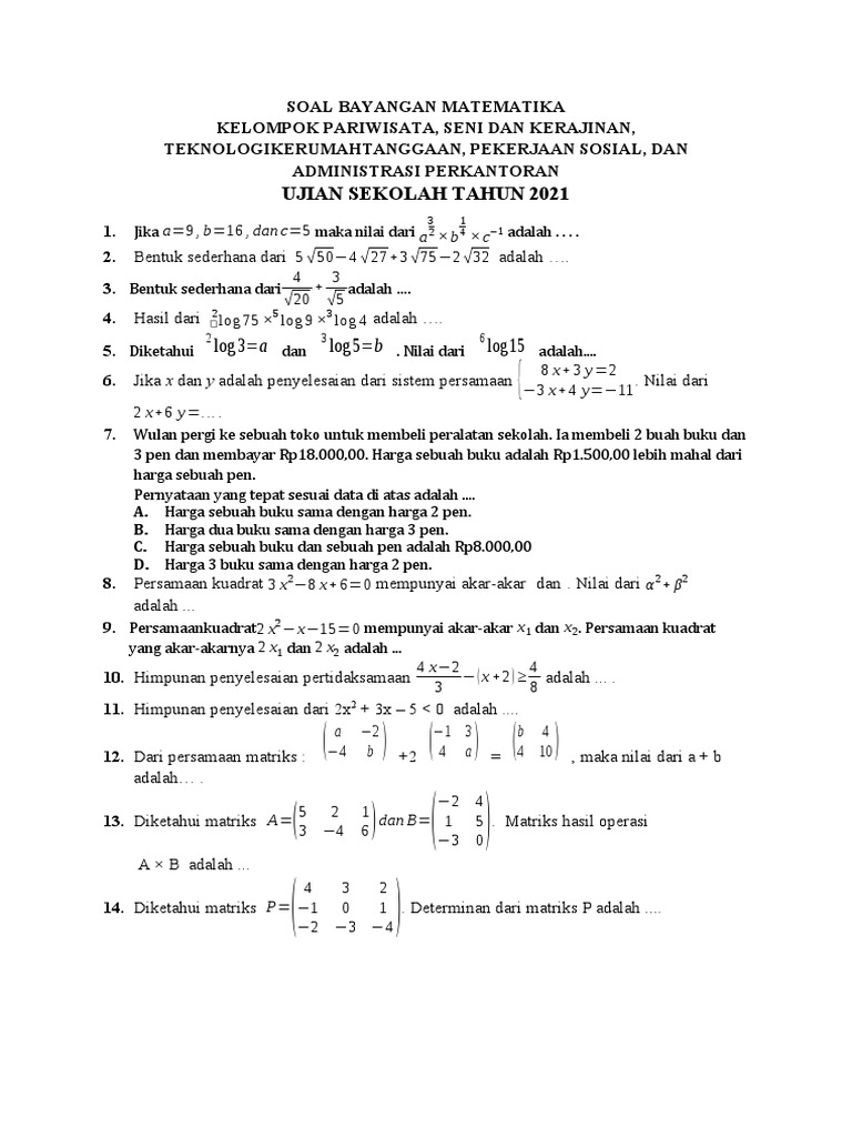 Soal Bayangan Us Matematika PSTV, TB, Otkp | PDF