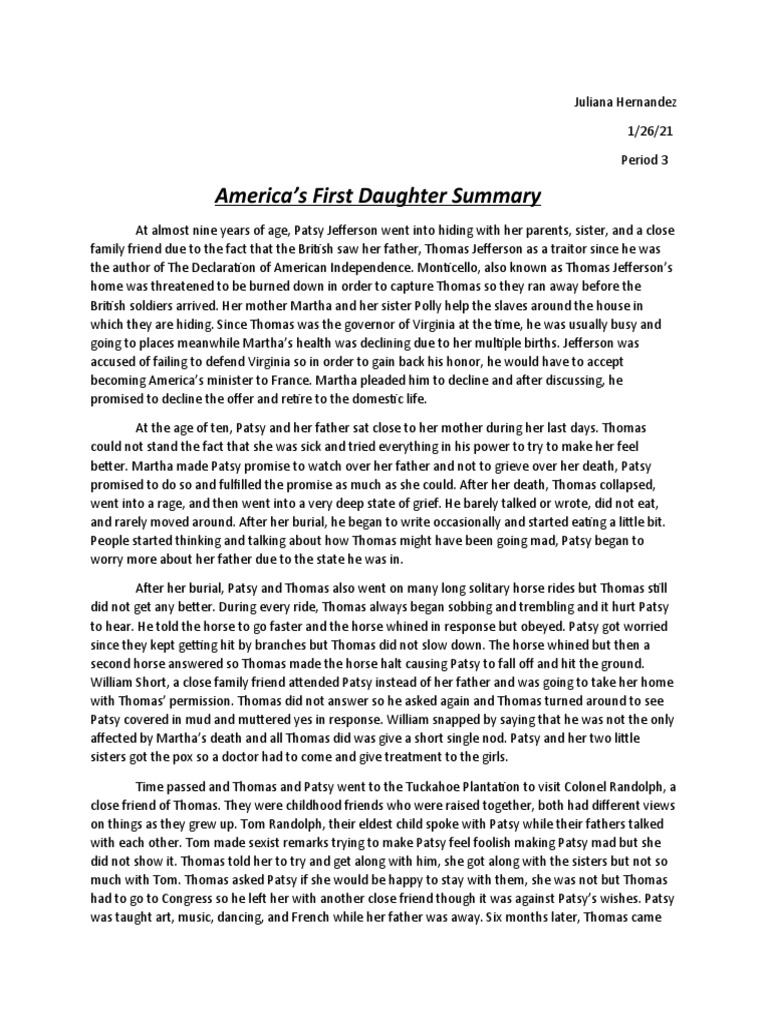 A Summary of America's First Daughter: The Life and Times of Patsy ...