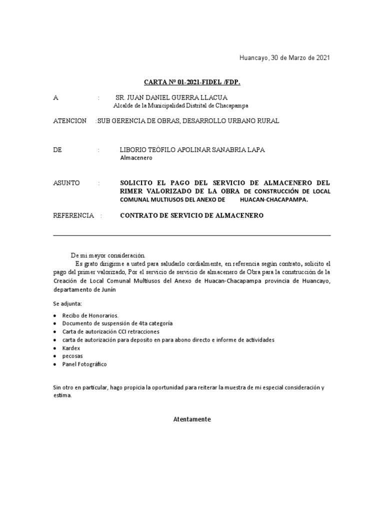 Carta de Almacenero Liborio-Pago | PDF