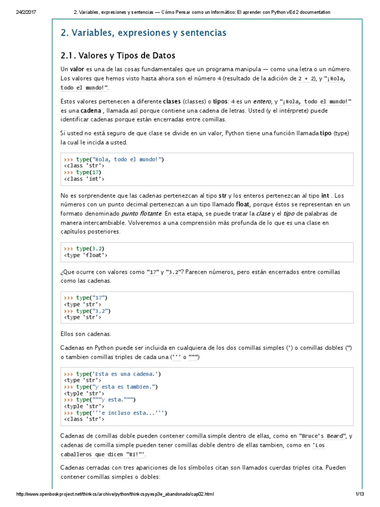 Variables, Expresiones y Sentencias: 2.1. Valores y Tipos de Datos ...
