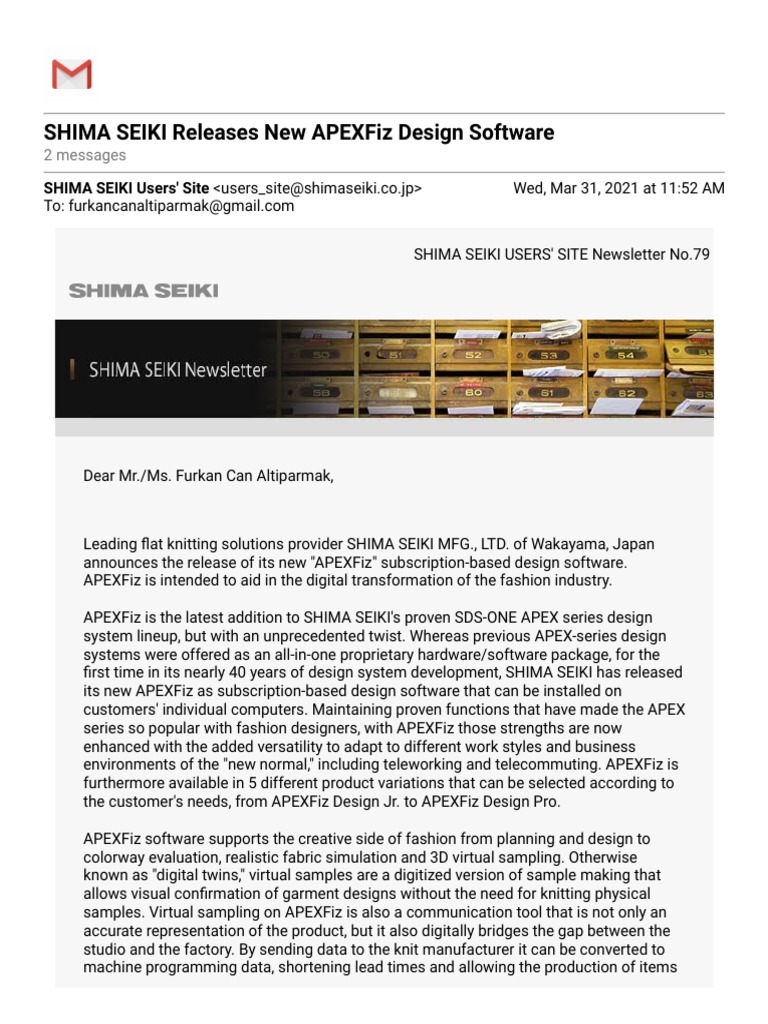 Gmail - SHIMA SEIKI Releases New APEXFiz Design Software | PDF | Educational Technology | Simulation