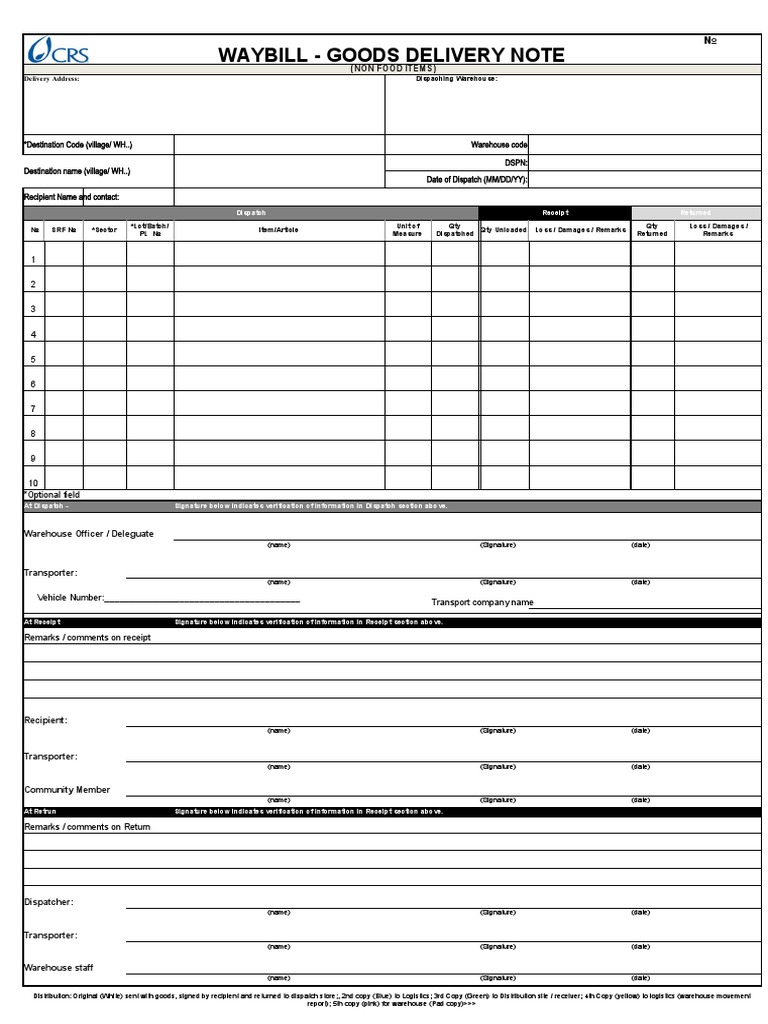 Goods Delivery Note - Waybill GDN - Non Food Items. With Return English ...