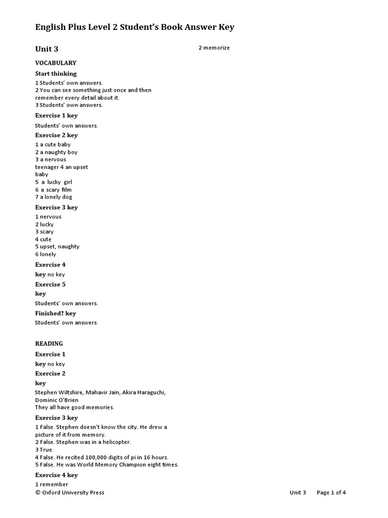 English Plus Level 2 Student's Book Answer Key: Unit 3 | PDF