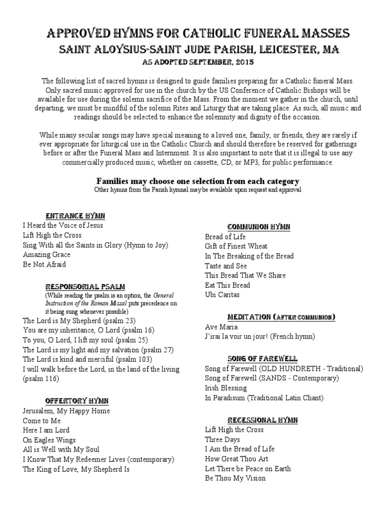 Approved Funeral Hymns For Catholic Funeral Masses Saint Aloysius Saint ...