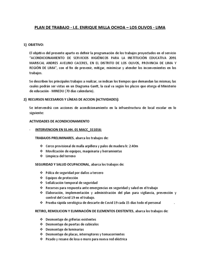Plan de Trabajo Ie 2091 Mariscal Andres Avelino | PDF | Tubería ...