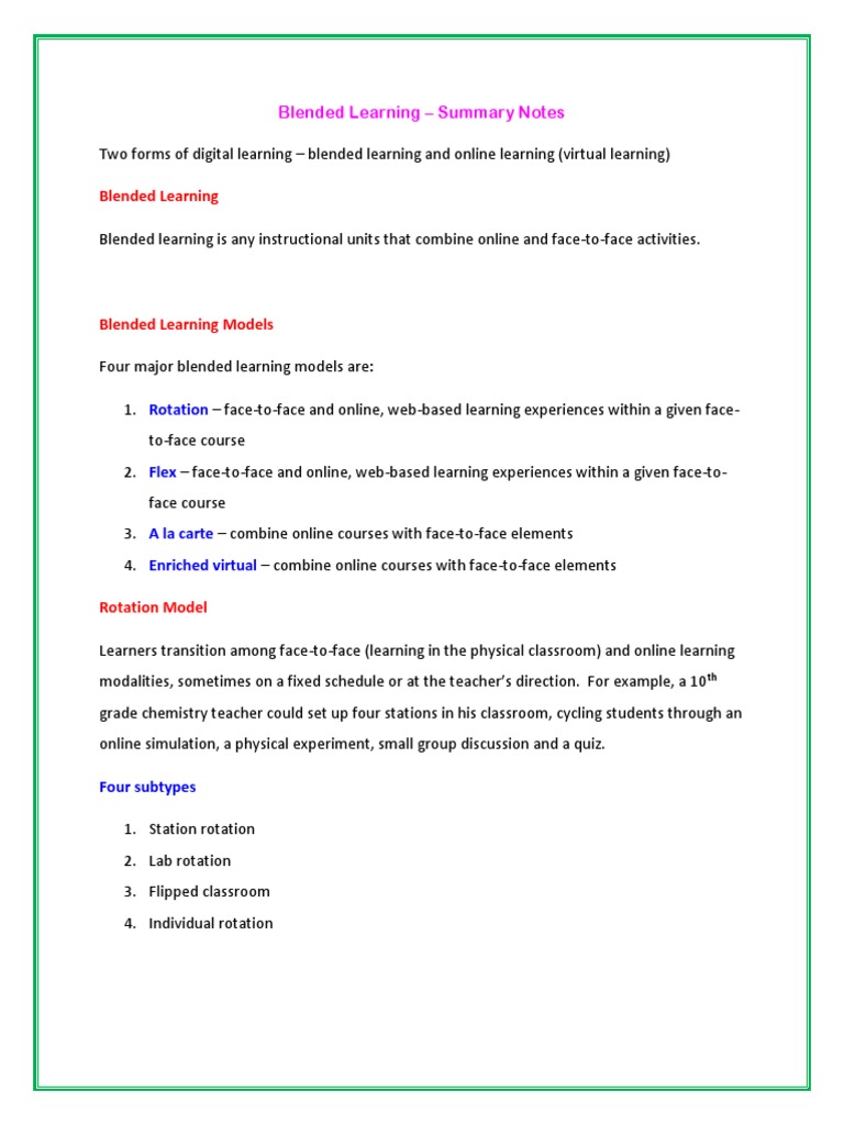 Blended Learning - Summary Notes | PDF | Educational Technology | Teachers