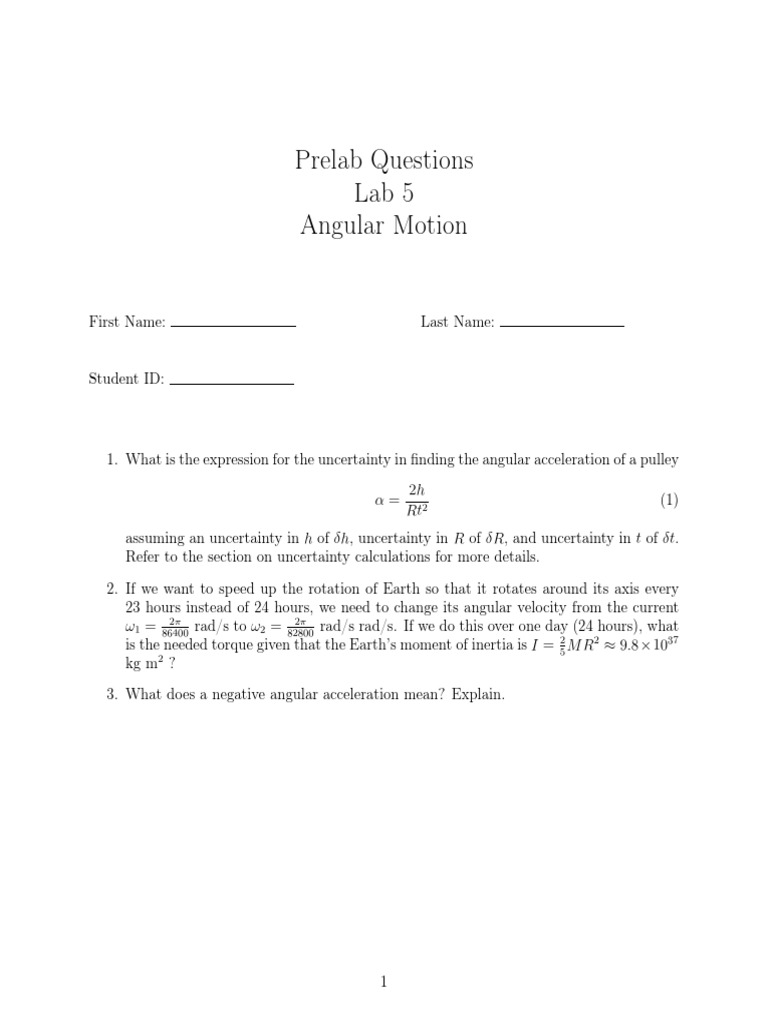 Prelab Questions Lab 5 Angular Motion | PDF