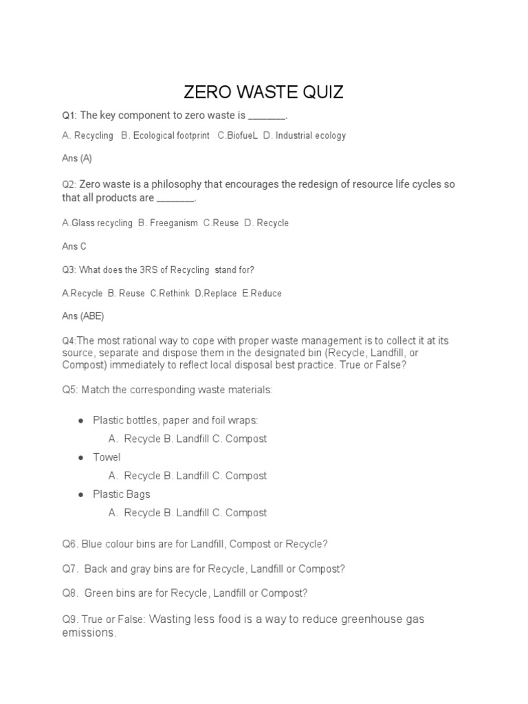 Zero Waste Quiz | PDF | Climate Change | Recycling