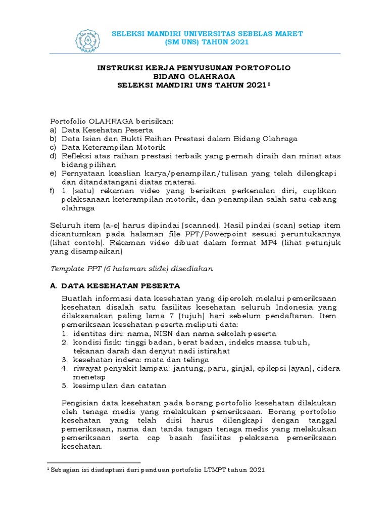 Instruksi Kerja Penyusunan Portofolio Bidang Olahraga SM Uns 2021 | PDF