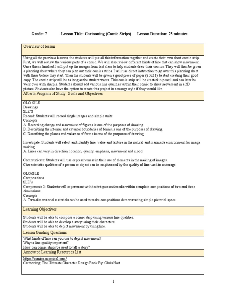 Grade: 7 Lesson Title: Cartooning (Comic Strips) Lesson Duration: 75 ...