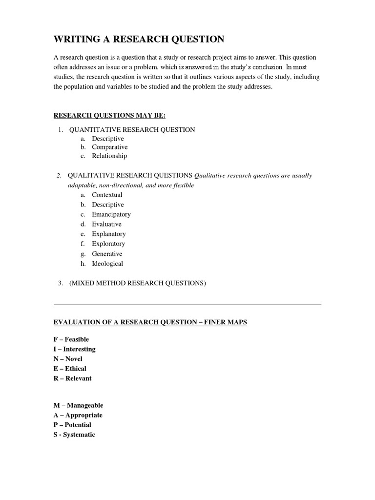 Writing A Research Question: Research Questions May Be | PDF | Science ...