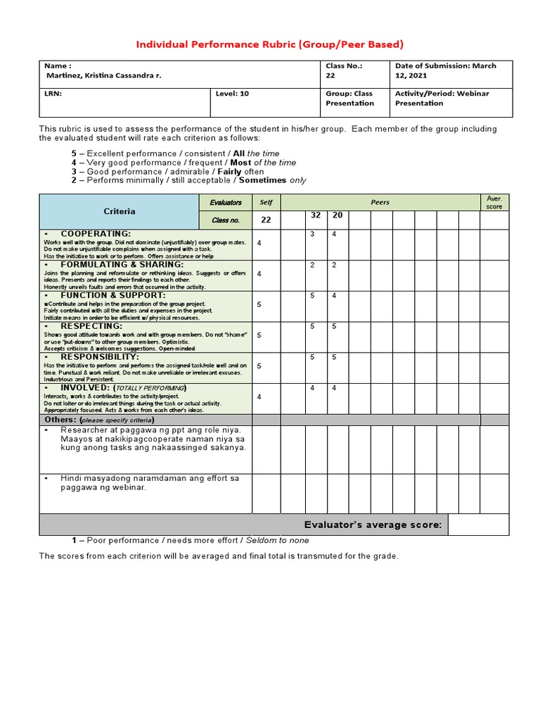 Individual Performance Rubric (Group/Peer Based) : Evaluators Aver ...