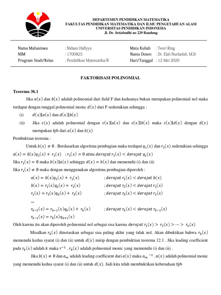 Tugas 4 - Faktorisasi Polinomial | PDF