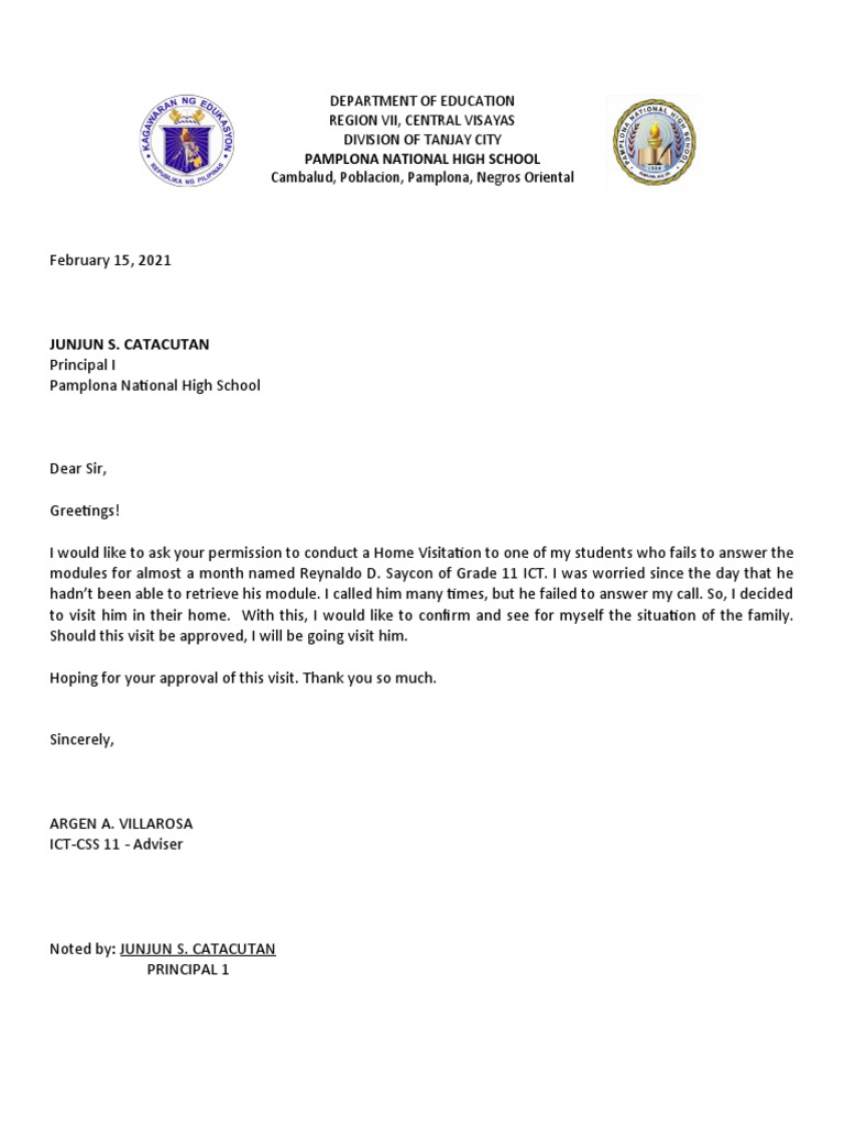 Home Visitation Letter To Principal 1 | PDF