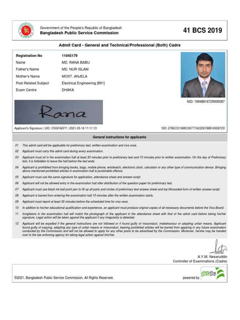 Bangladesh Public Service Commission: Registration No 11045179 | PDF ...