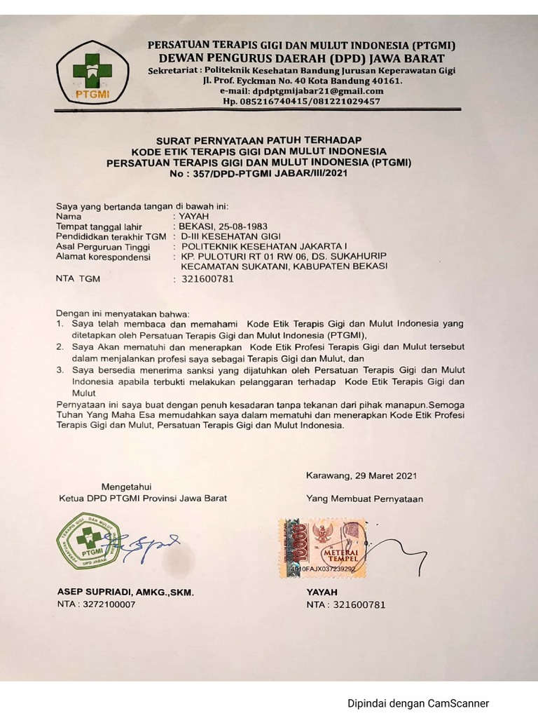 Surat Pernyataan Patuh Kode Etik Profesi | PDF Surat Pernyataan Patuh Kode Etik Profesi | PDF