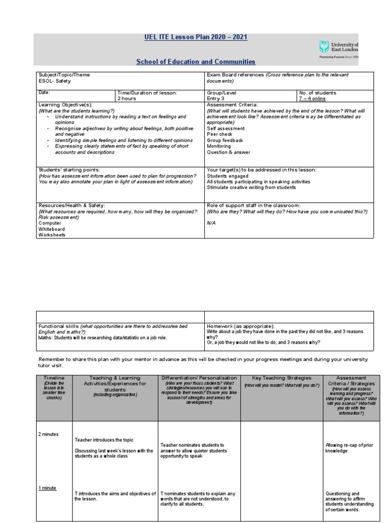 UEL ITE Lesson Plan 2020 - 2021: 7 - 4 Online | PDF | Educational Assessment | Lesson Plan