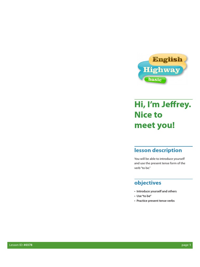 Hi, I'm Jeffrey. Nice To Meet You!: Lesson Description | PDF | Verb ...