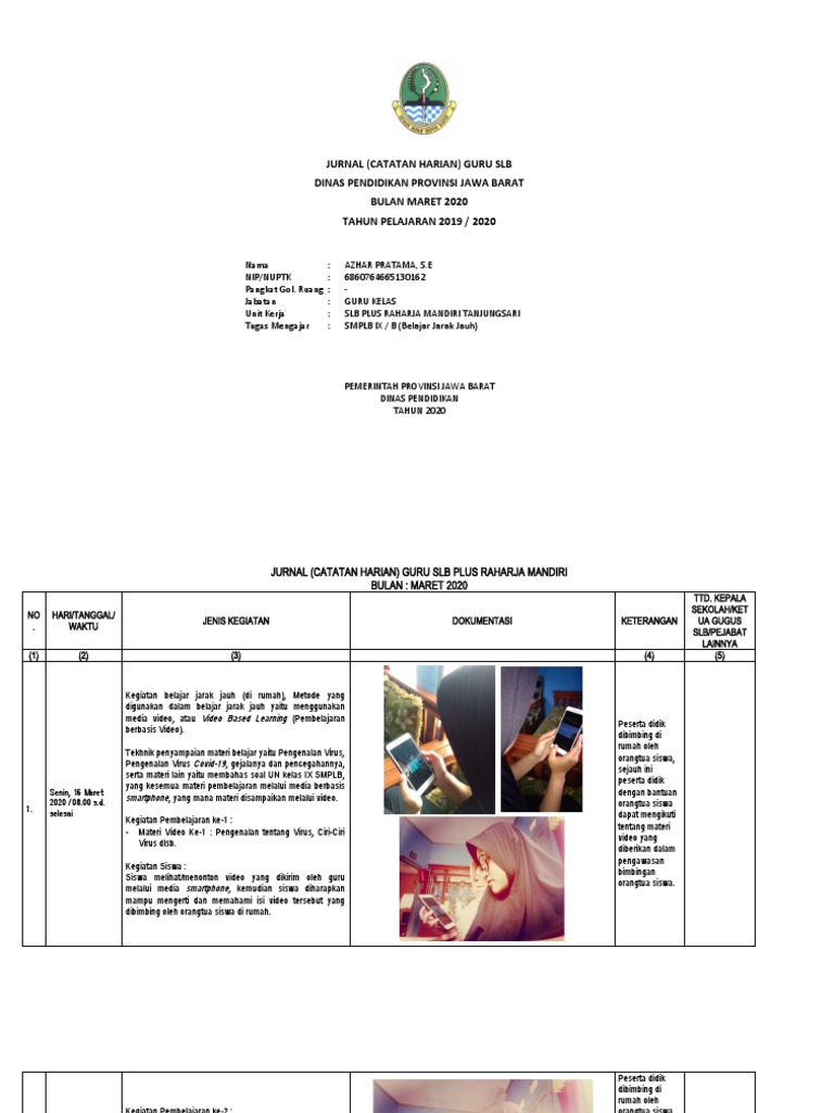 Jurnal (Catatan Harian) Guru (CPPH) Belajar Jarak Jauh Naoriss Tahun 2020 - Edit Utk Laporan | PDF